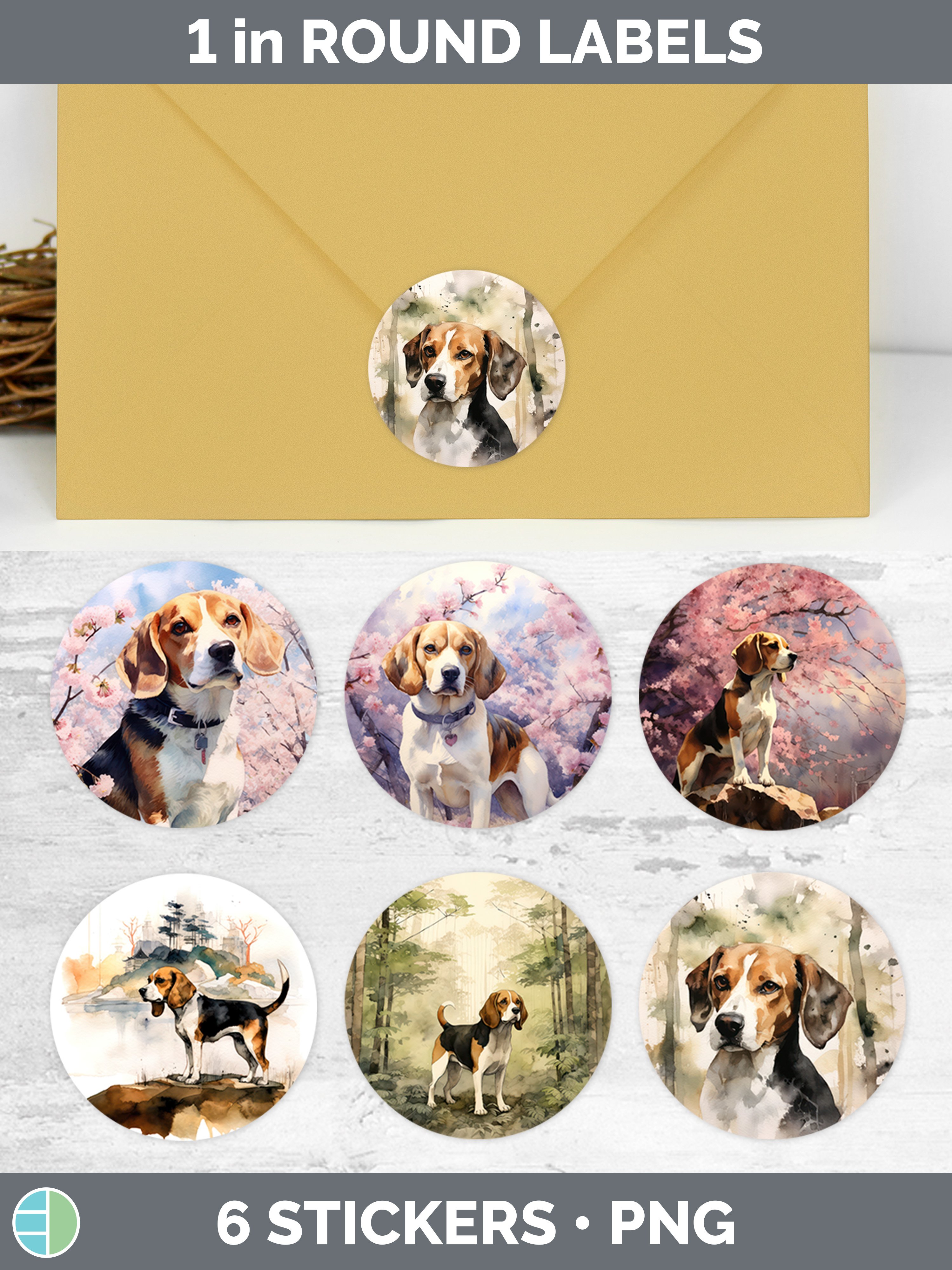 Japanese Watercolor Beagle Dog Stickers | Round Labels Desig