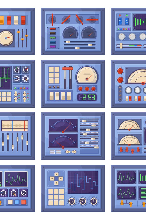 Electrical dashboard, control panels with charts, buttons an
