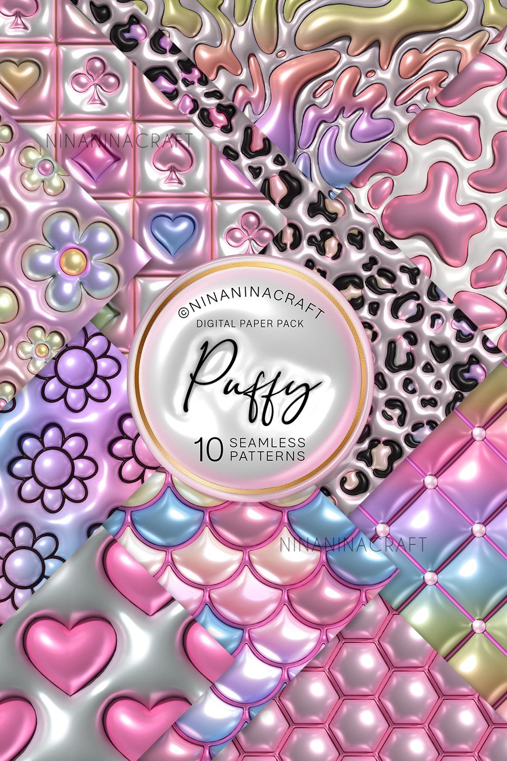 3D Inflated Puff Seamless Patterns, Bubble Puffy Bundle