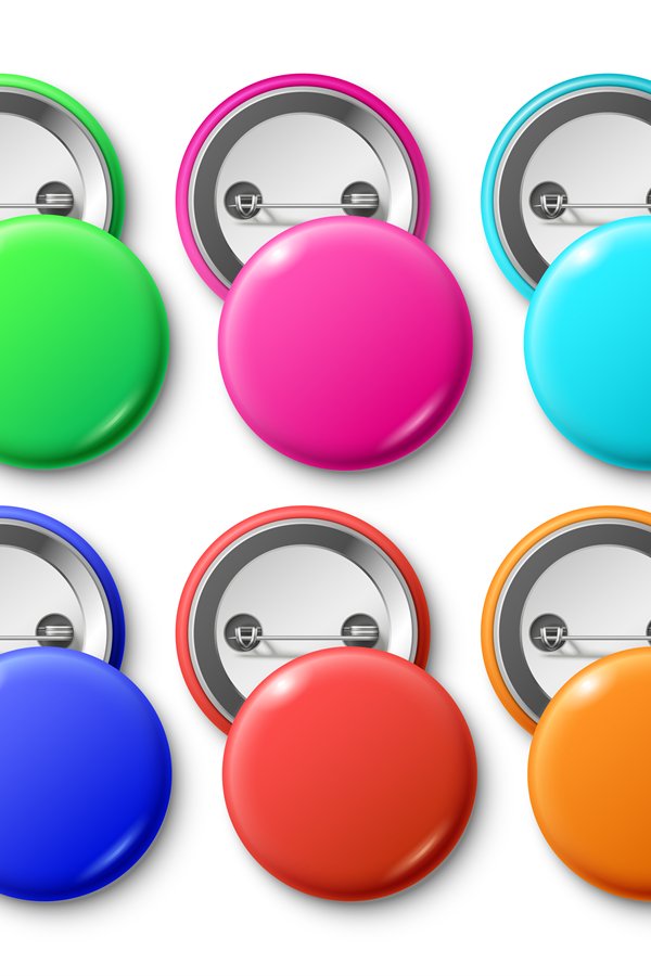 Circle button badge. Round pinned badges tag, metal pinback