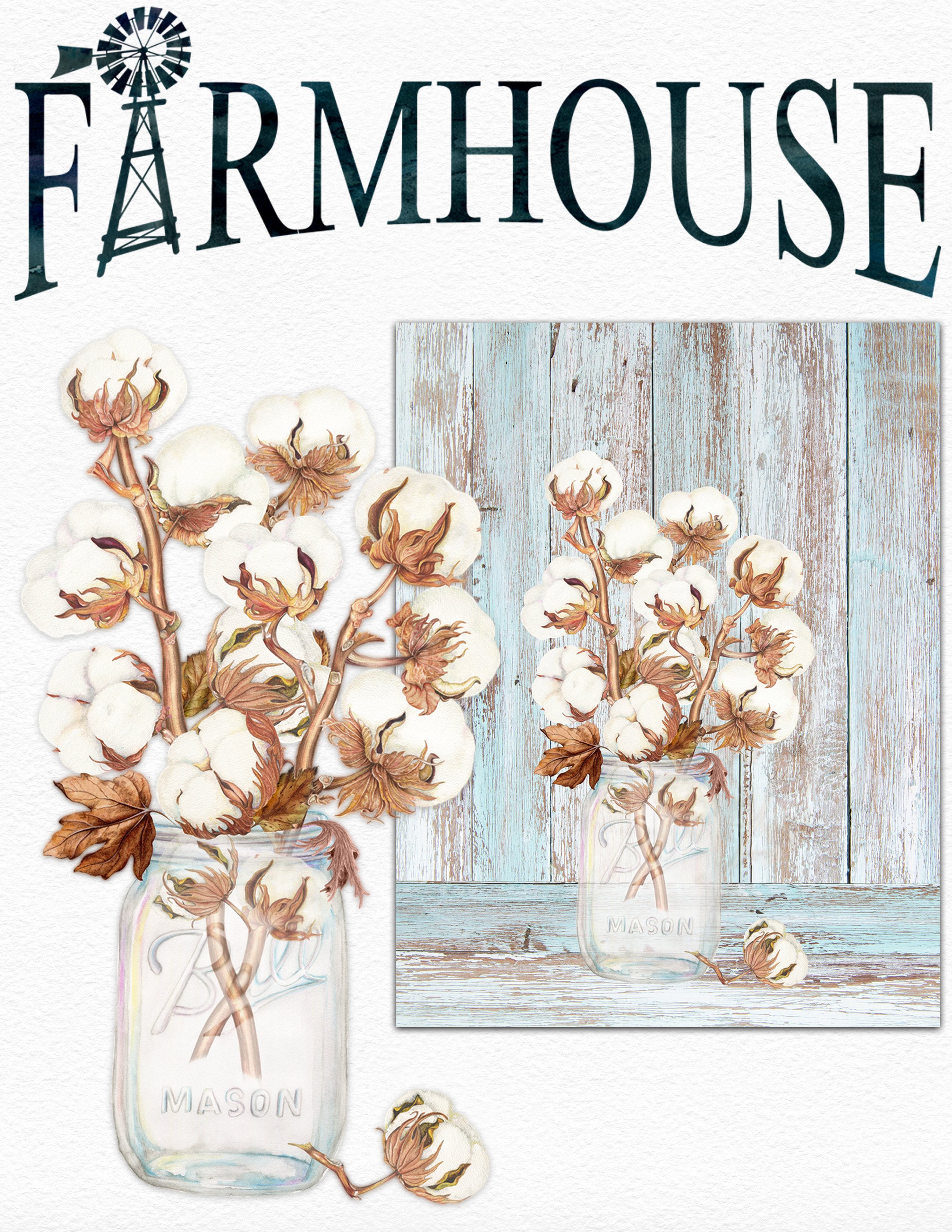 Farmhouse Cotton Stems in Mason Jar, Watercolor Clipart (945444 ...