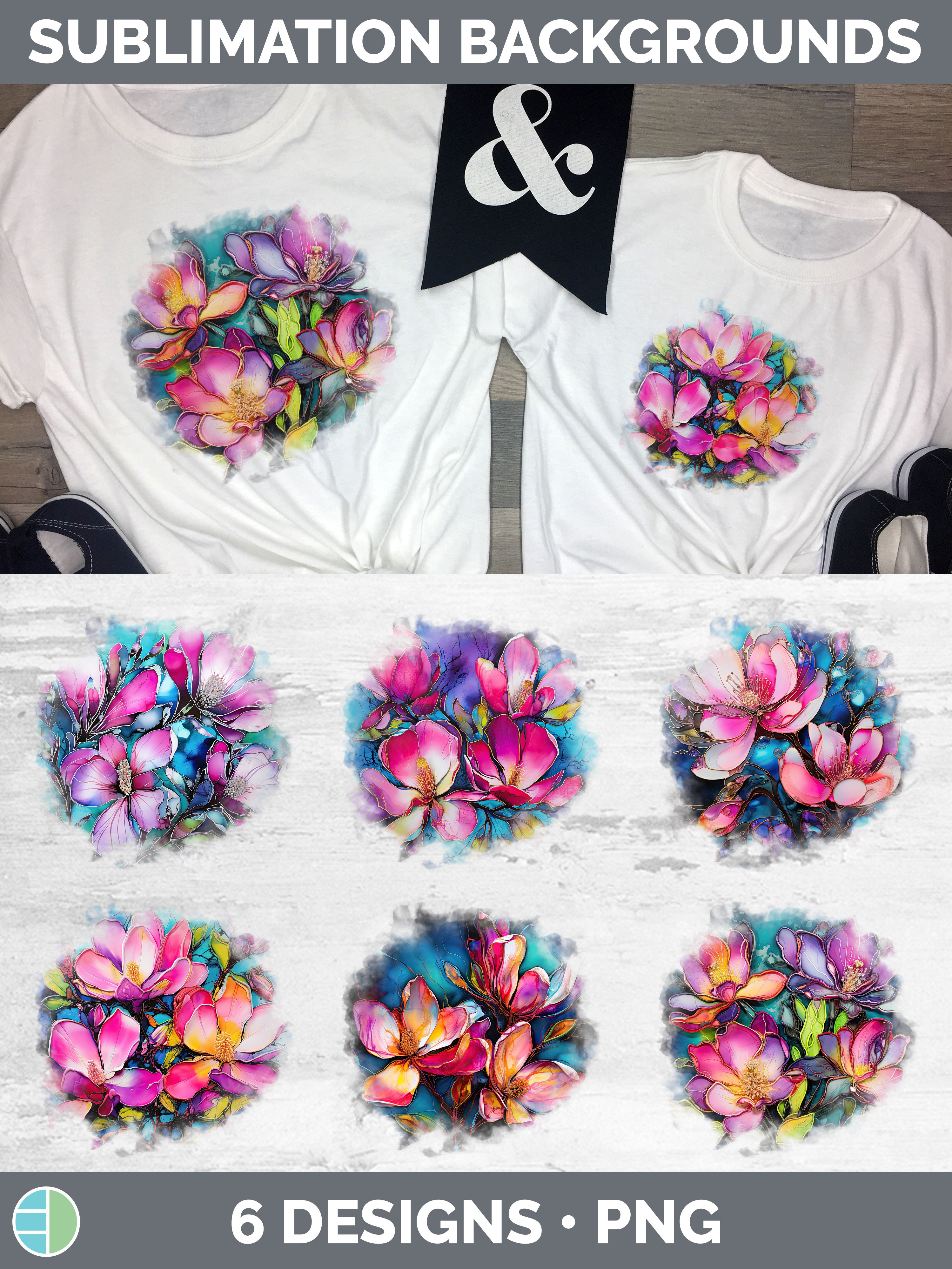 Neon Magnolia Flowers Grunge Background | Bundle Distressed