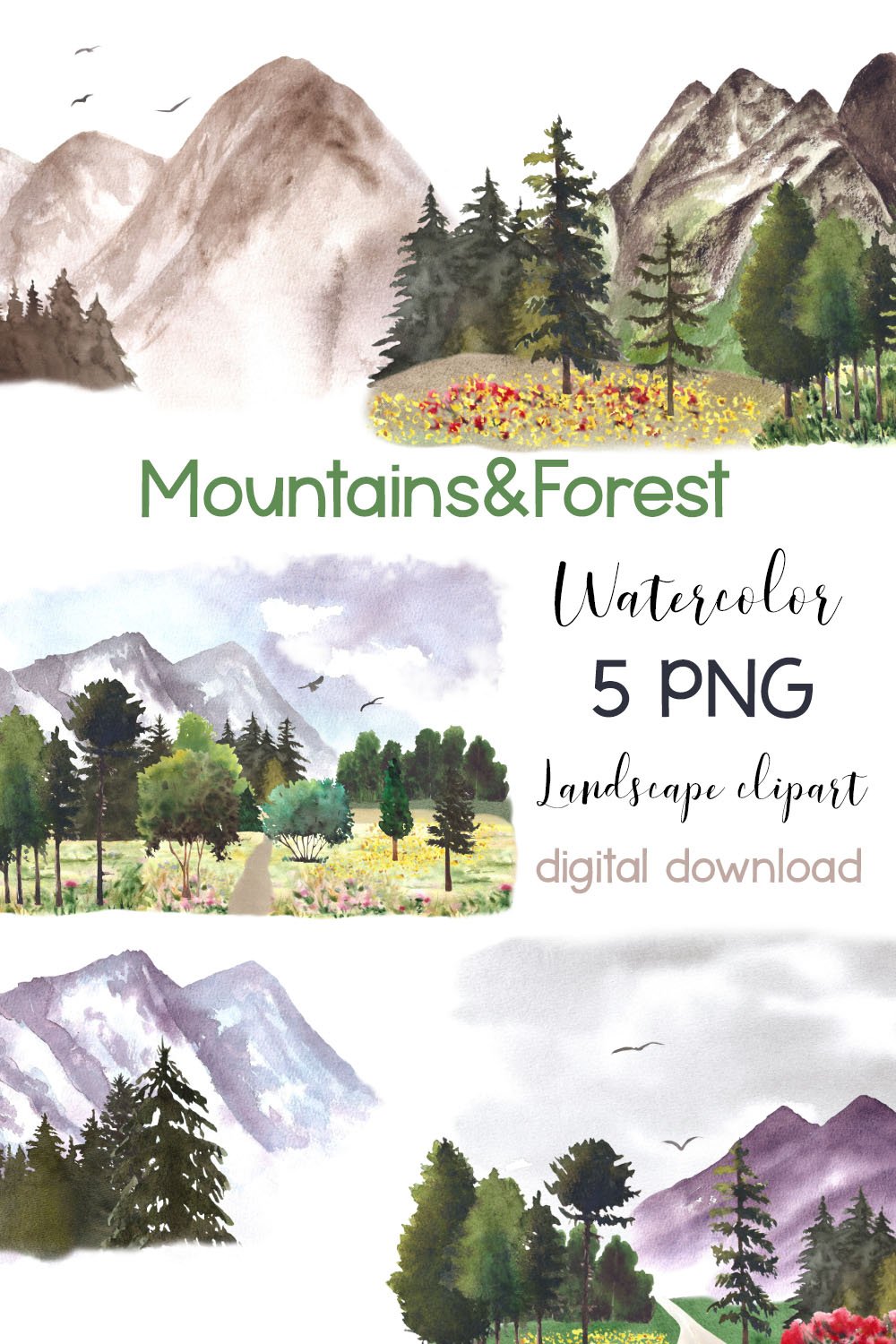 Watercolor mountain landscape clipart. Sublimation (1989711)