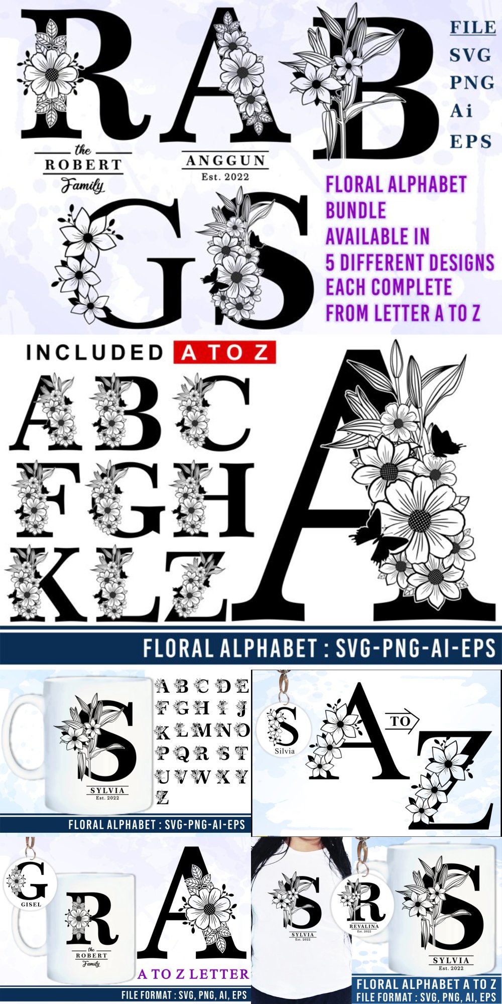 Floral Monogram Letters SVG Bundle, Monogram Alphabet SVG