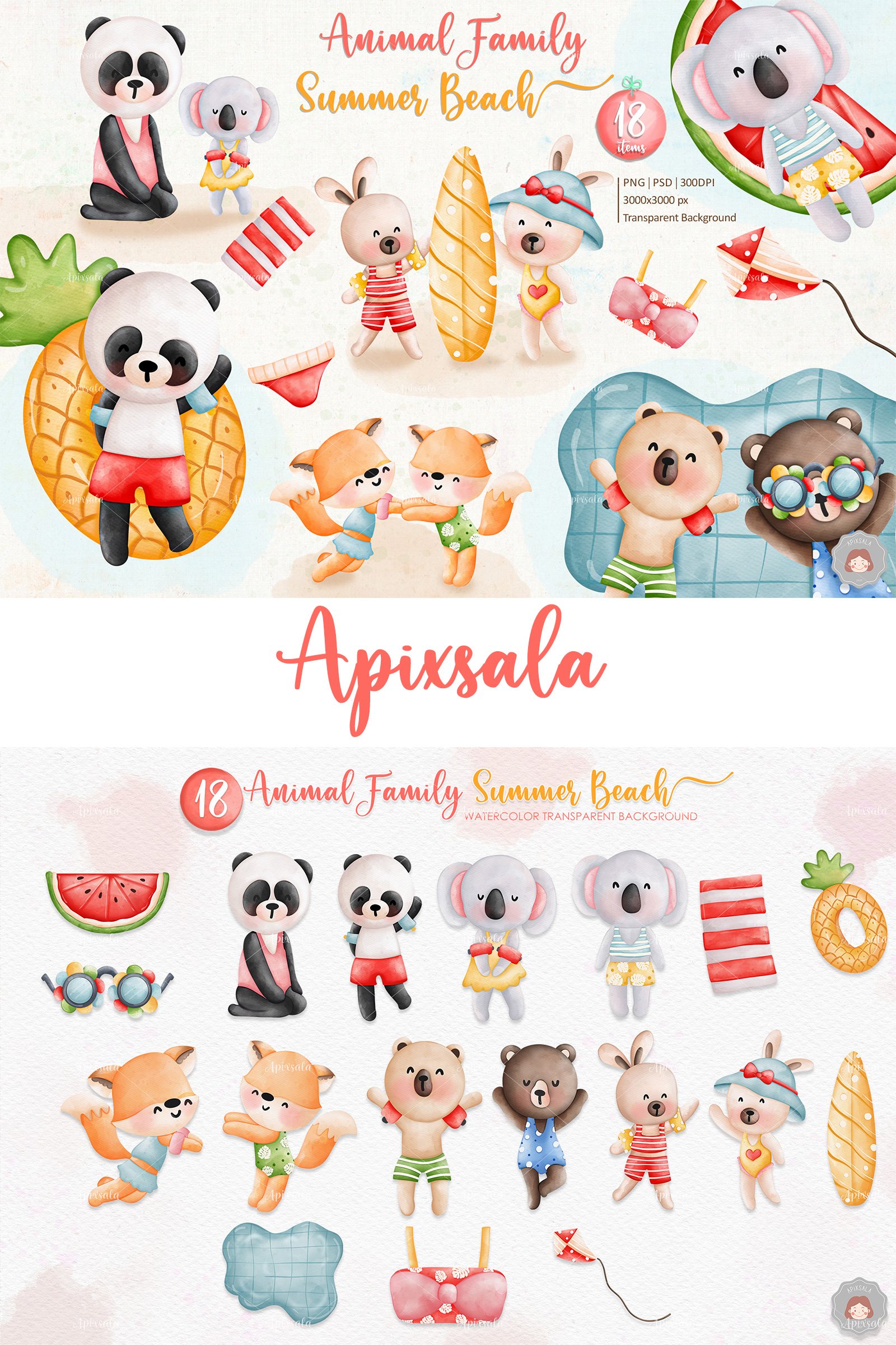 Watercolor Summer Animal Family on Beach Clipart