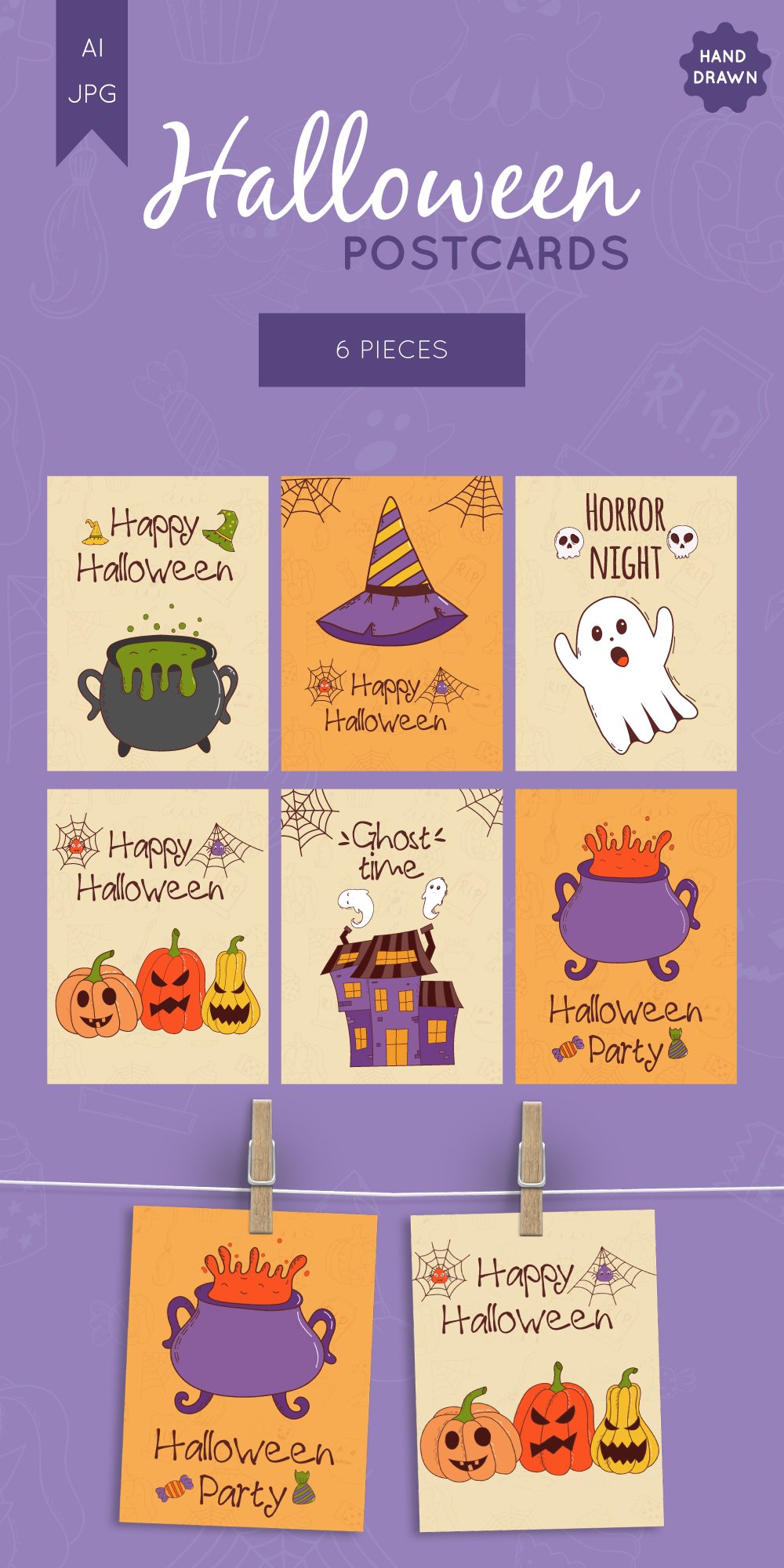 6 Halloween hand drawn greeting postcard bundle.