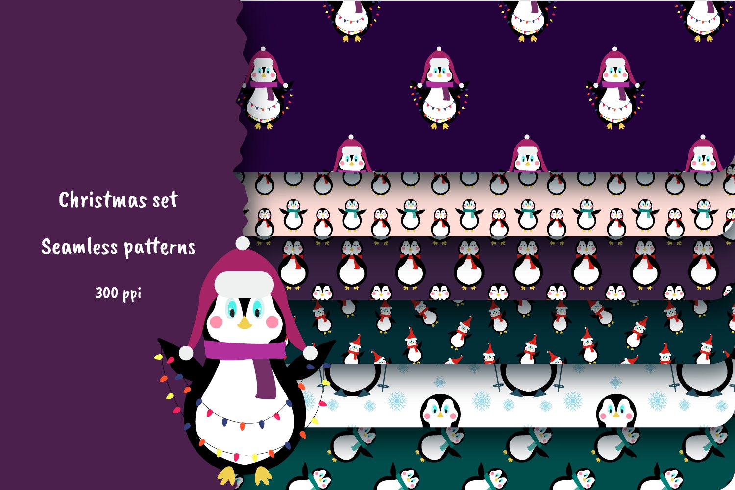 Set of 6 seamless patterns with penguins