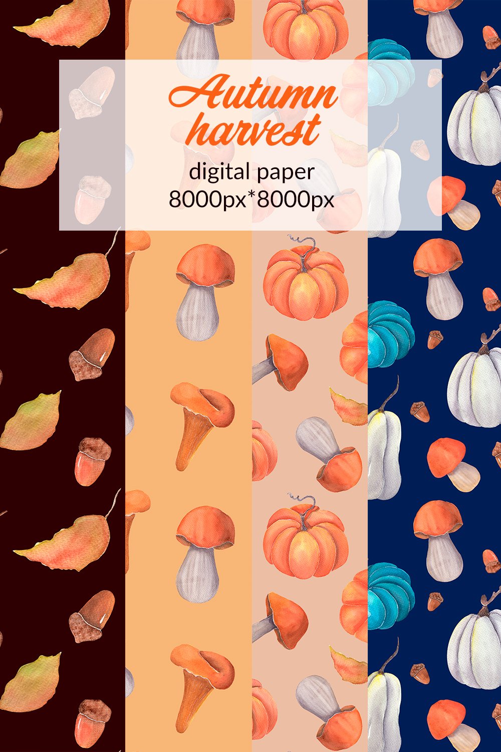 Watercolor pumpkin digital paper | 4 Fall seamless pattern