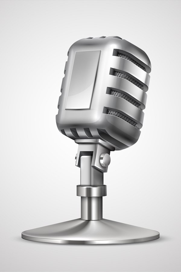 Realistic retro microphone. 3D vintage metal mic on holder,