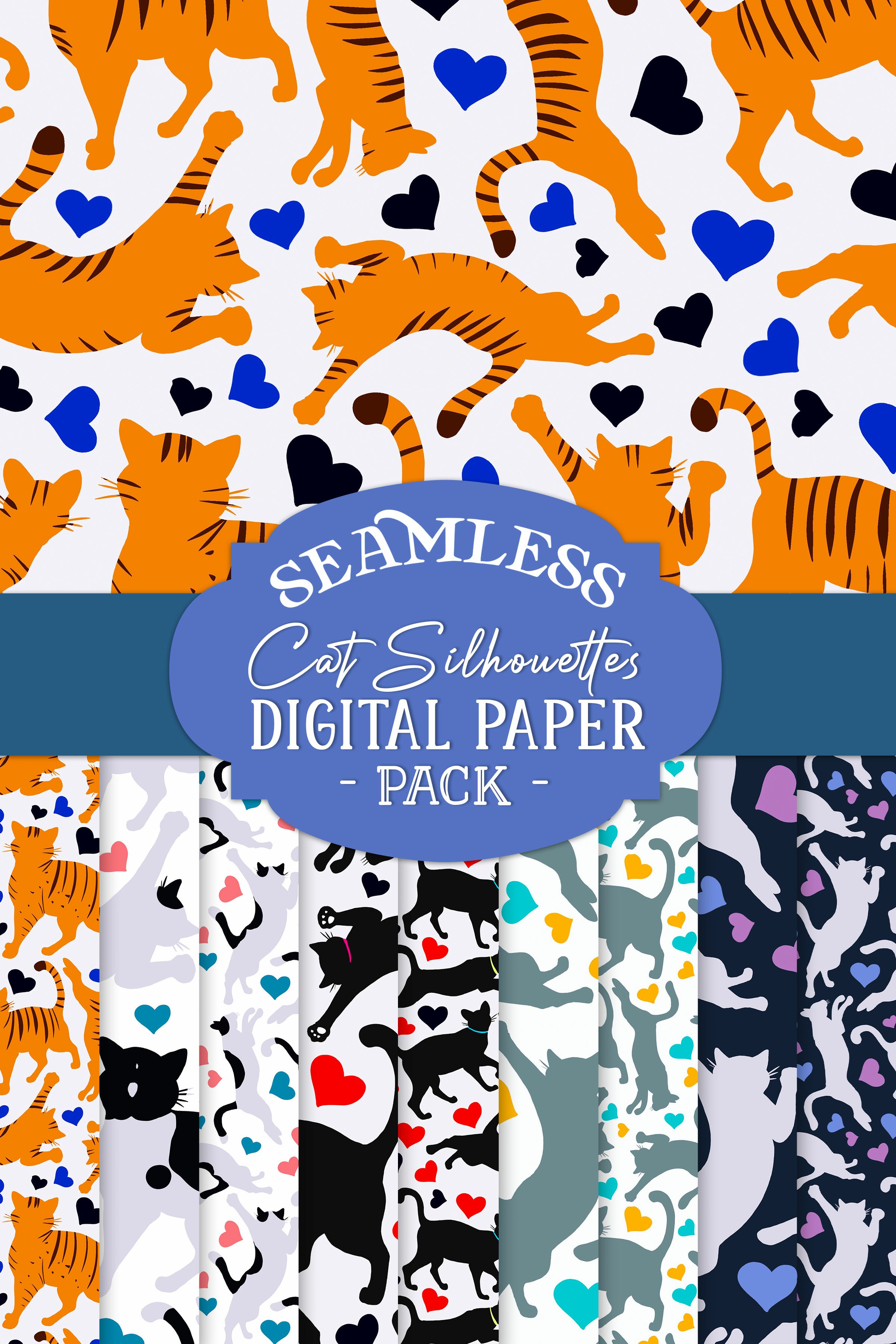 Cat Silhouette Seamless Pattern | Cat Digital Paper Pack
