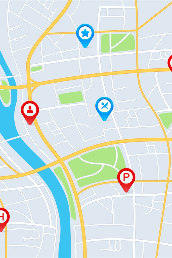 City map with pins. Gps navigation route with pointers, loca