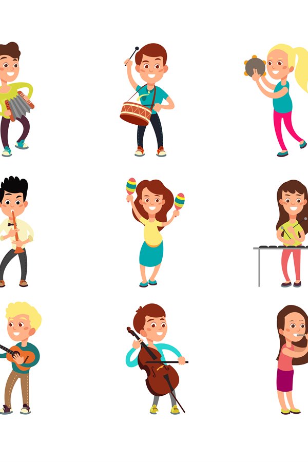 Happy children musicians with musical instruments. Talented