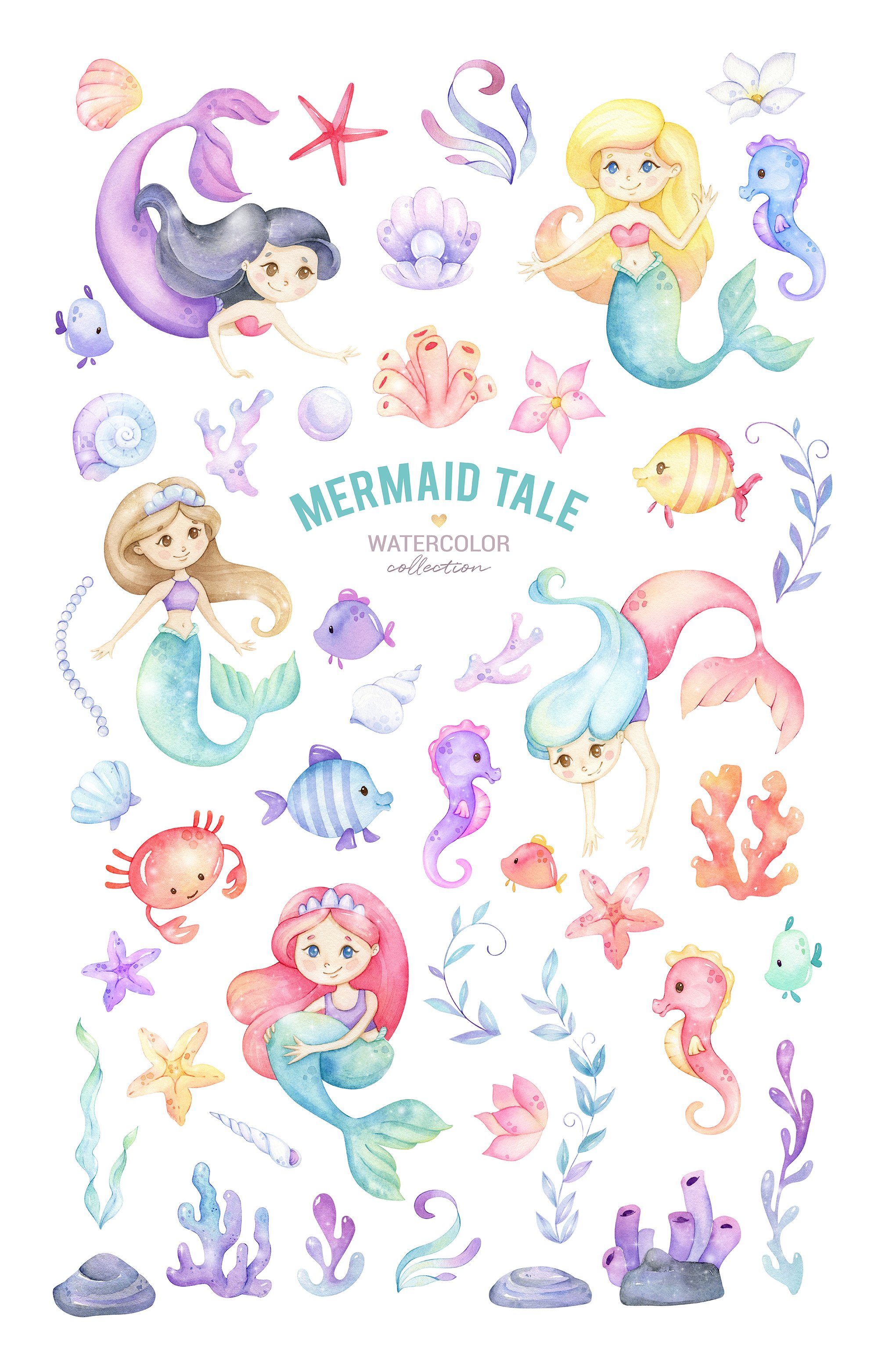 Mermaid watercolor clipart, sea animals, under the (1429835)