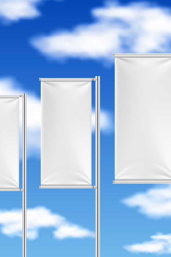 White flags and blue sky. Beach event advertising vector tem