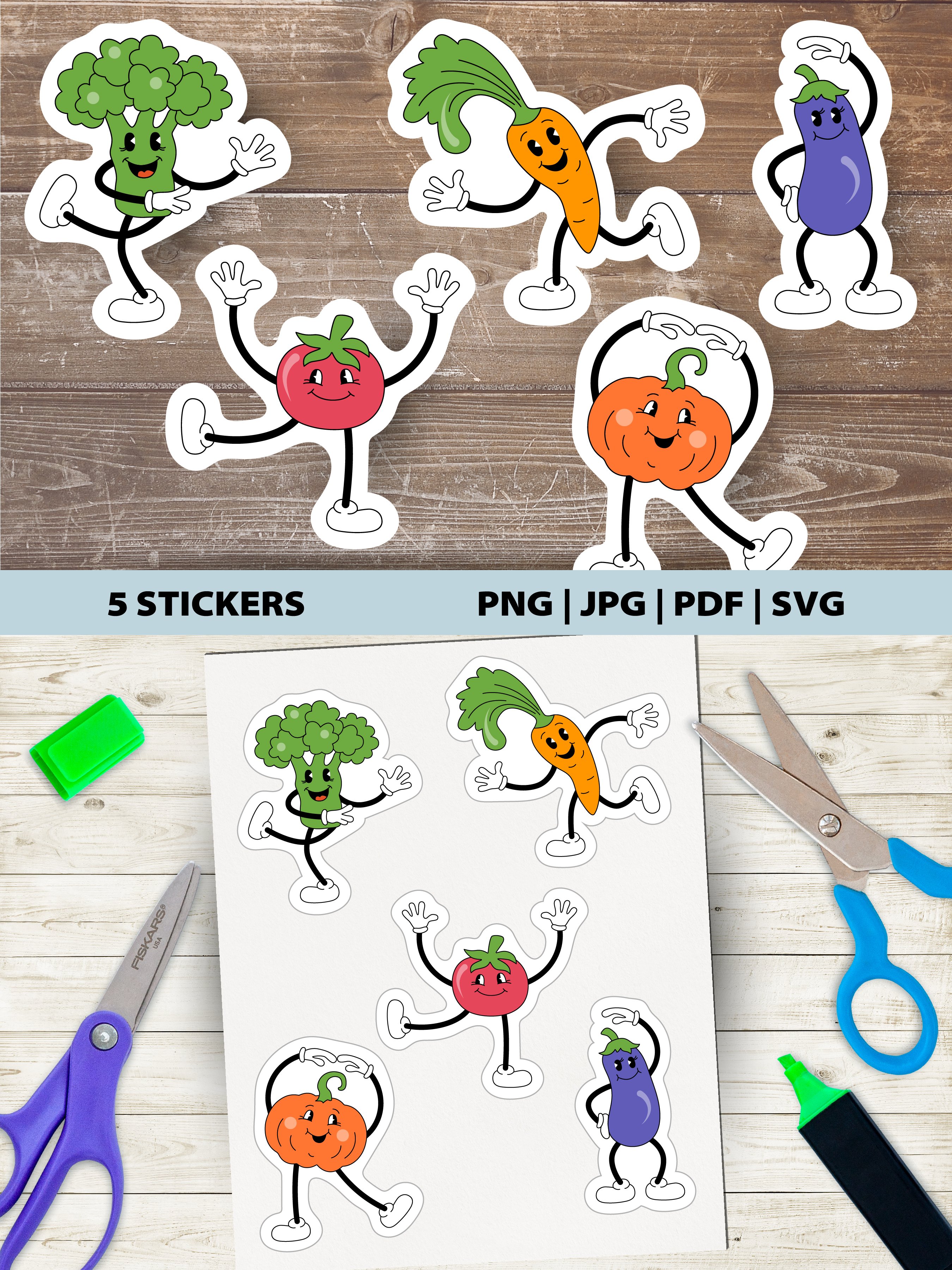 Vegetables cartoon characters printable stickers.