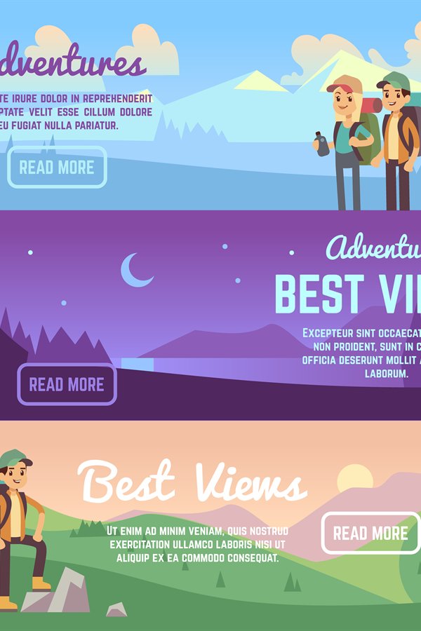Climbing, trekking and hiking vector horizontal banners set