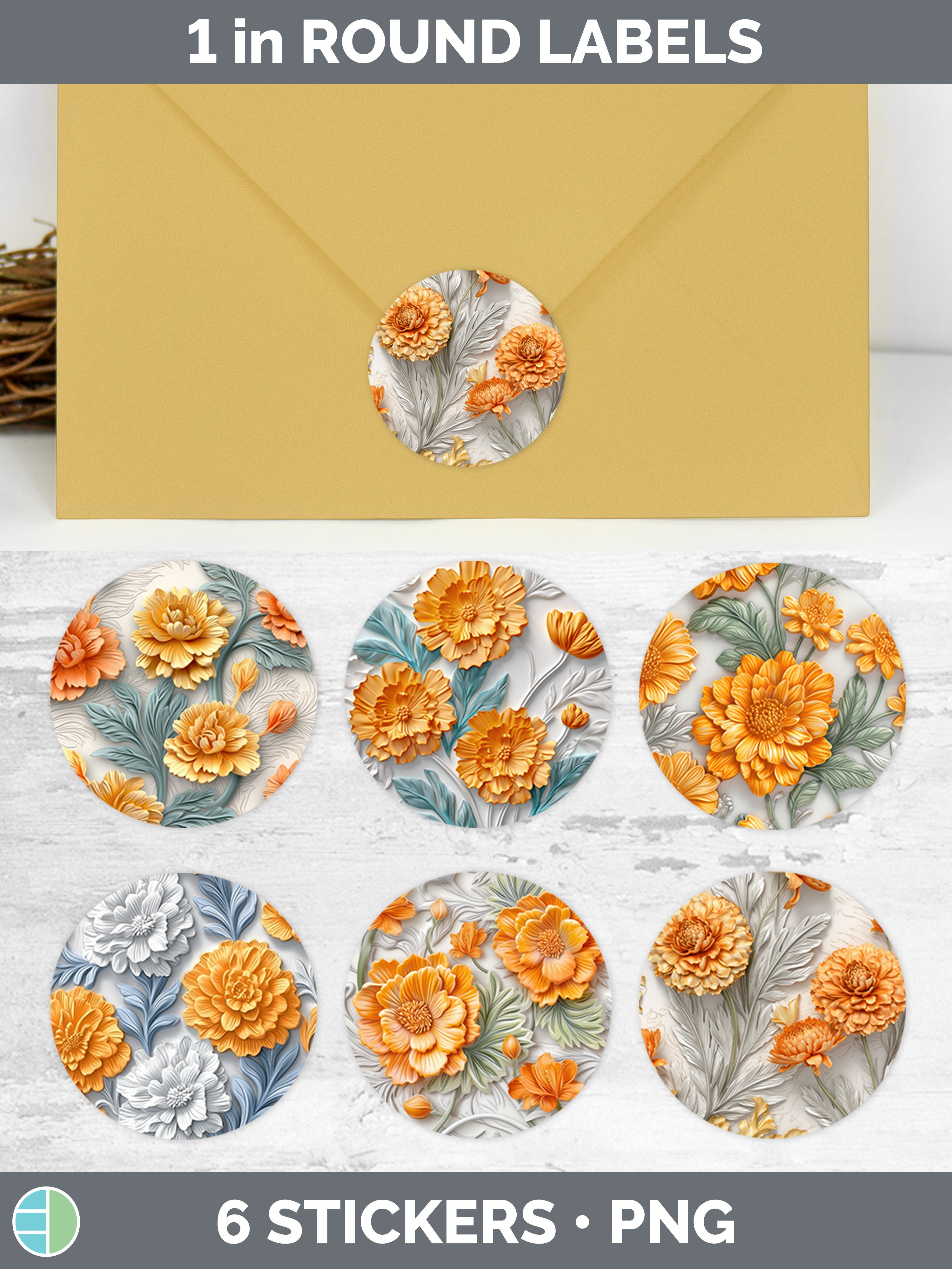 3D Marigold Flowers Stickers | Round Labels Designs Bundle