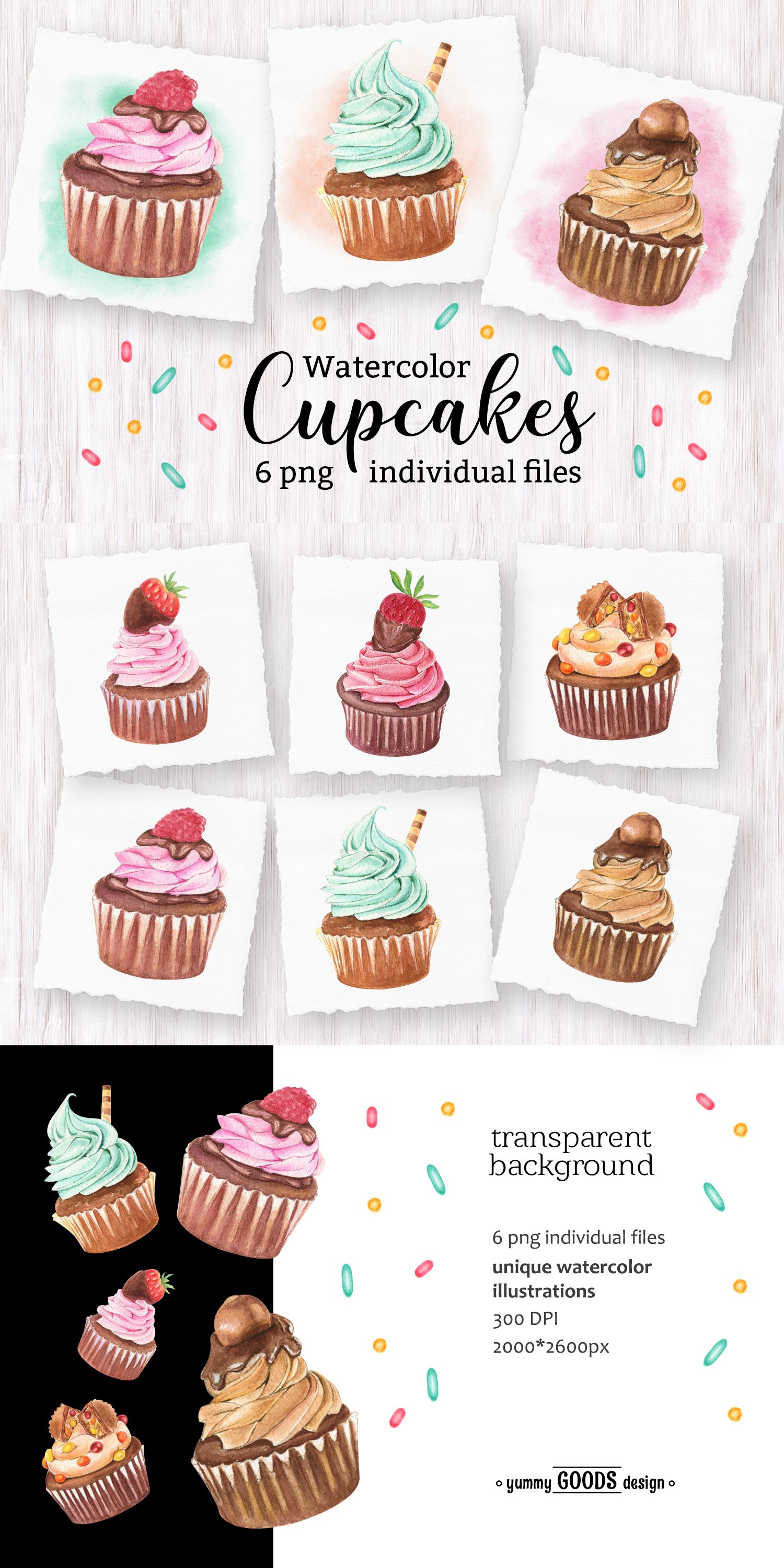 Watercolor Cupcakes clipart. Tasty dessert with cream.
