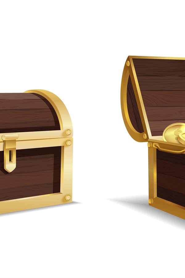 Two large chests. Open, closed chest, pile of gold coins ins