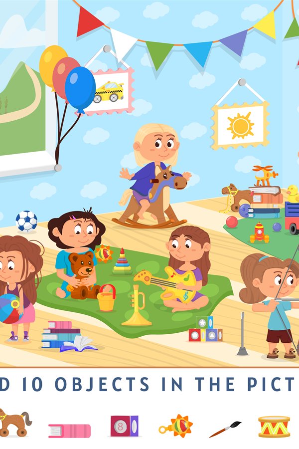 Find 10 objects. Kids game, school activity background. Funn