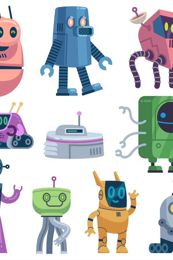 Cute robots. Colorful futuristic robotic computer toys, robo