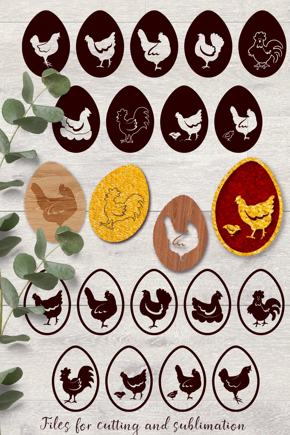 Set of egg stencils with silhouettes of chickens. SVG