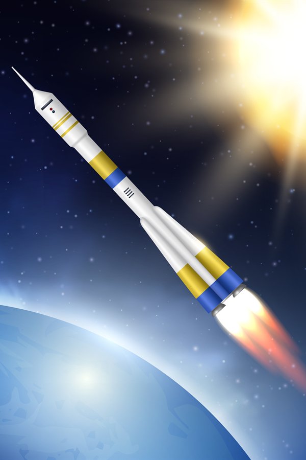 Rocket in space. Flying jet rocket in cosmos stratosphere wi