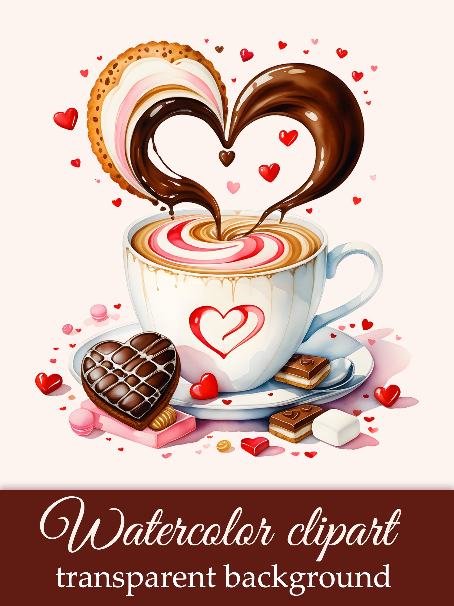 Watercolor coffee cup with hearts and chocolate, clipart Png