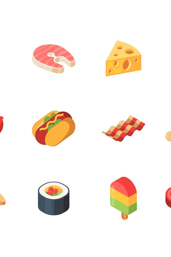 Food icons. Cheese bread burger water meal fruits fish fresh
