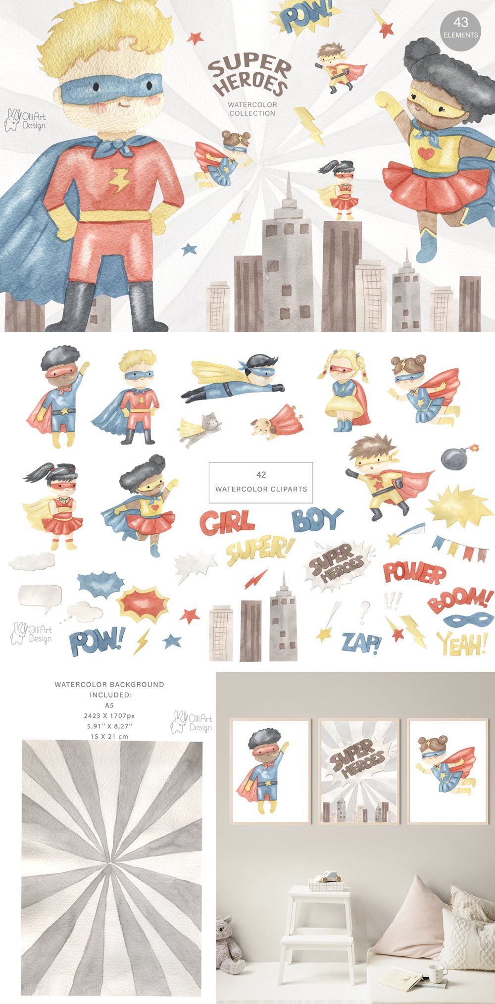 SUPERHEROES clipart. Watercolor