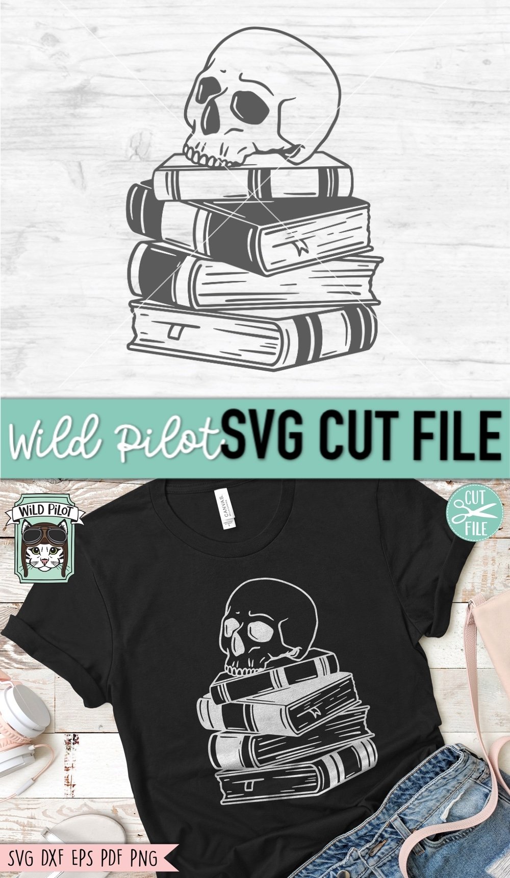 Halloween SVG, Skull SVG, Stack of Book SVG, Reading SVG