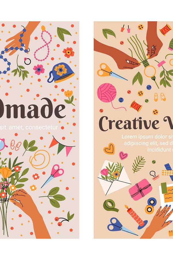 Handmade arts and hobbies posters, creative workshop crafts.