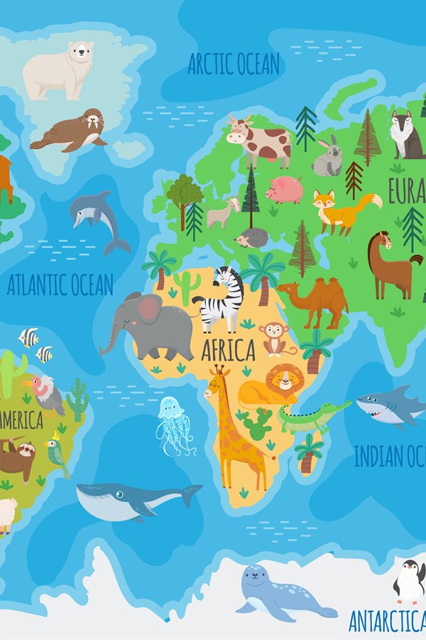 .Cartoon world map for kids nursery with forest animals. Chi