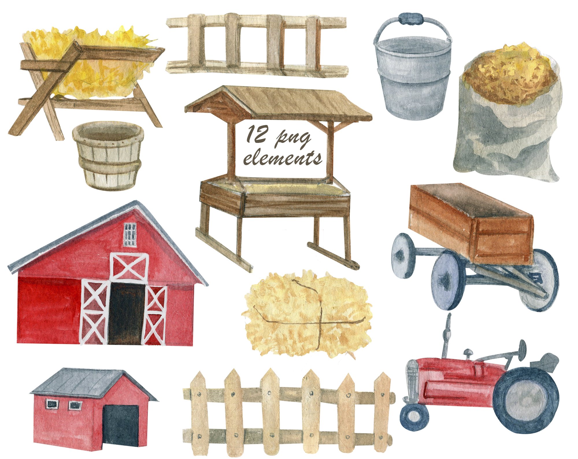 Watercolor creator farm clipart, Red barn, tractor