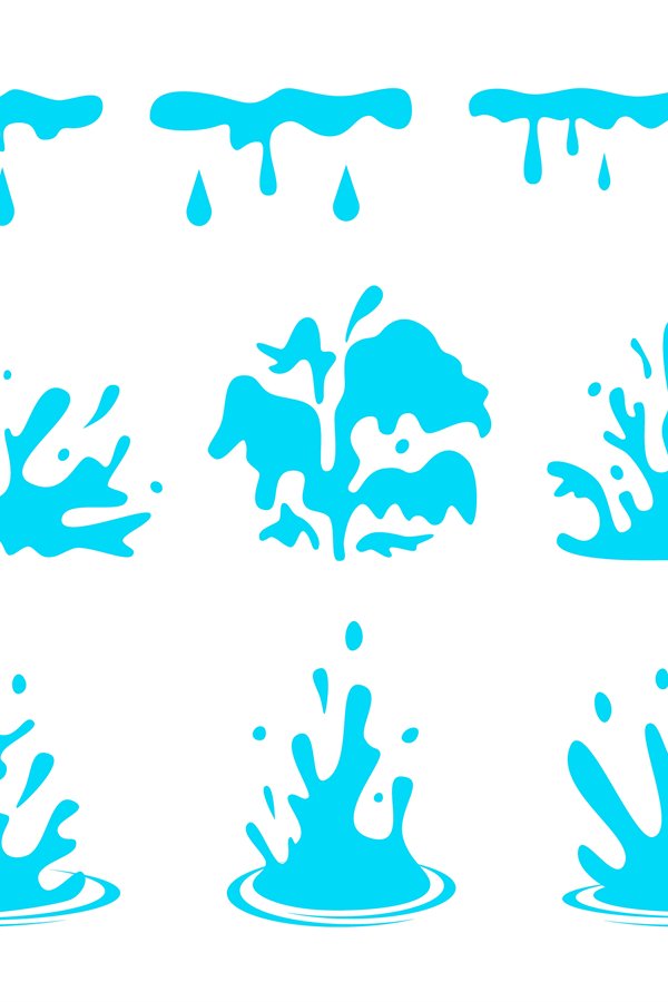Cartoon water splashes. Blue flowing liquid, aqua stream wit