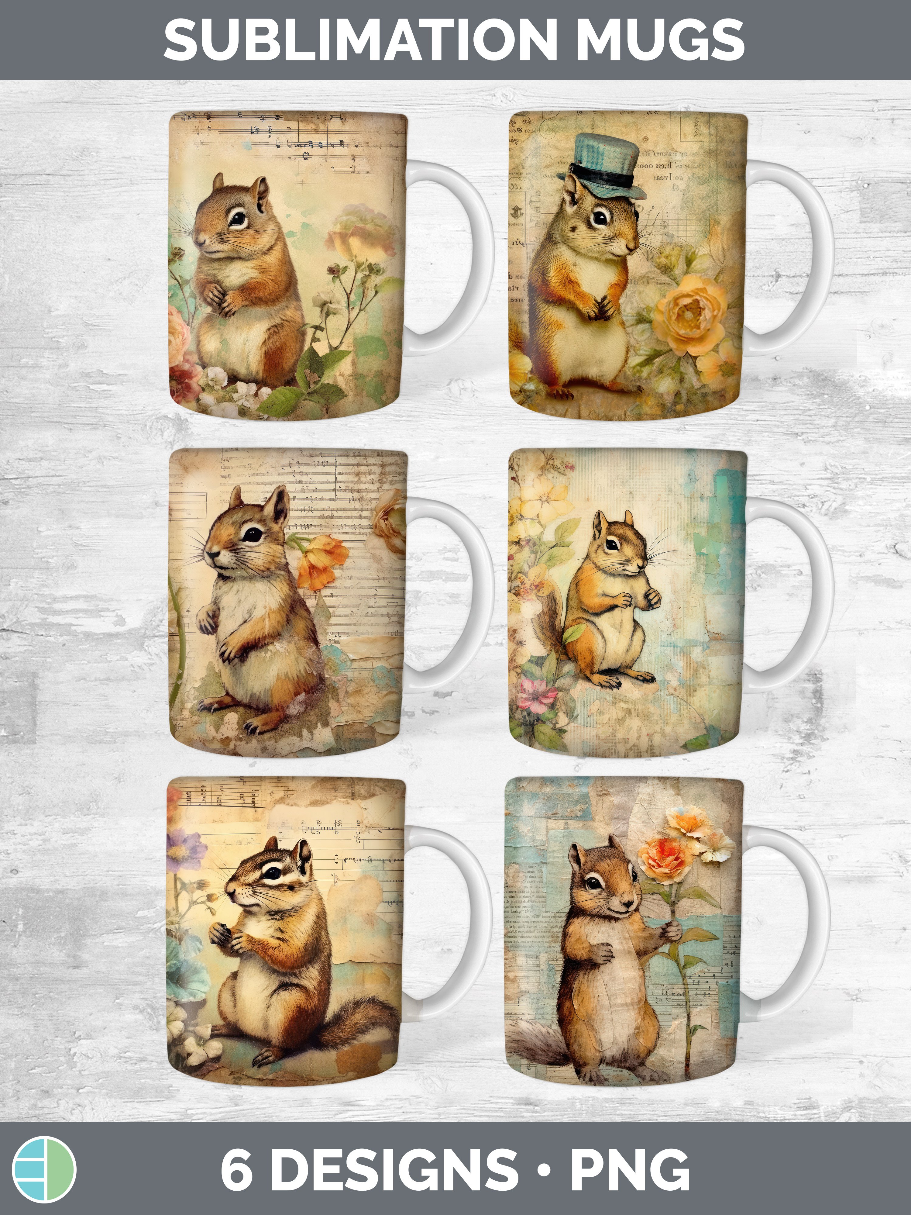 Vintage Chipmunk Mug Wrap | Sublimation Coffee Cup Designs B