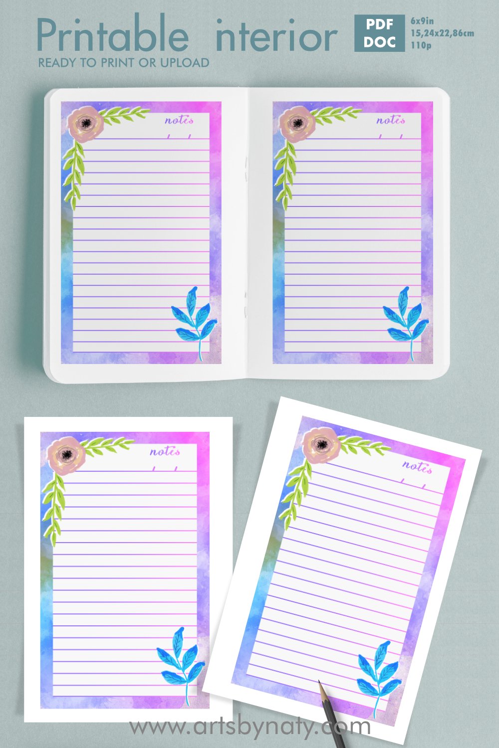 Watercolor beautiful notes printable journal to print.