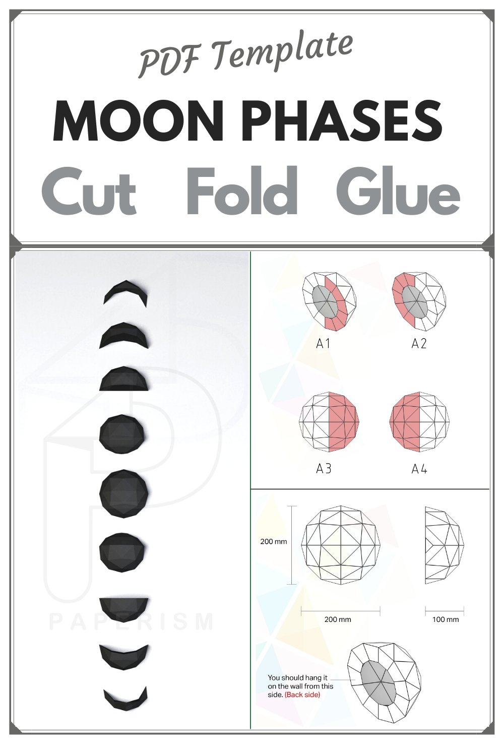 DIY Moon Phases decor, Lowpoly papercraft pdf, Crescent