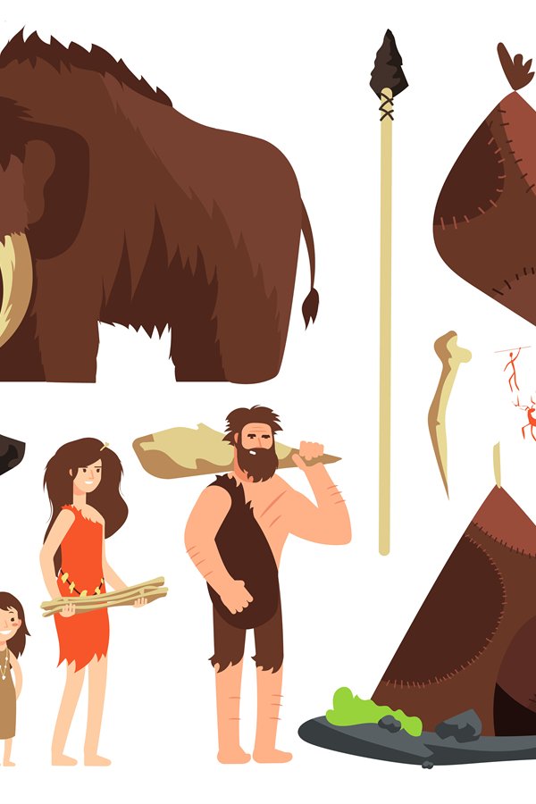Caveman. Cartoon neolithic people characters. Prehistoric ne