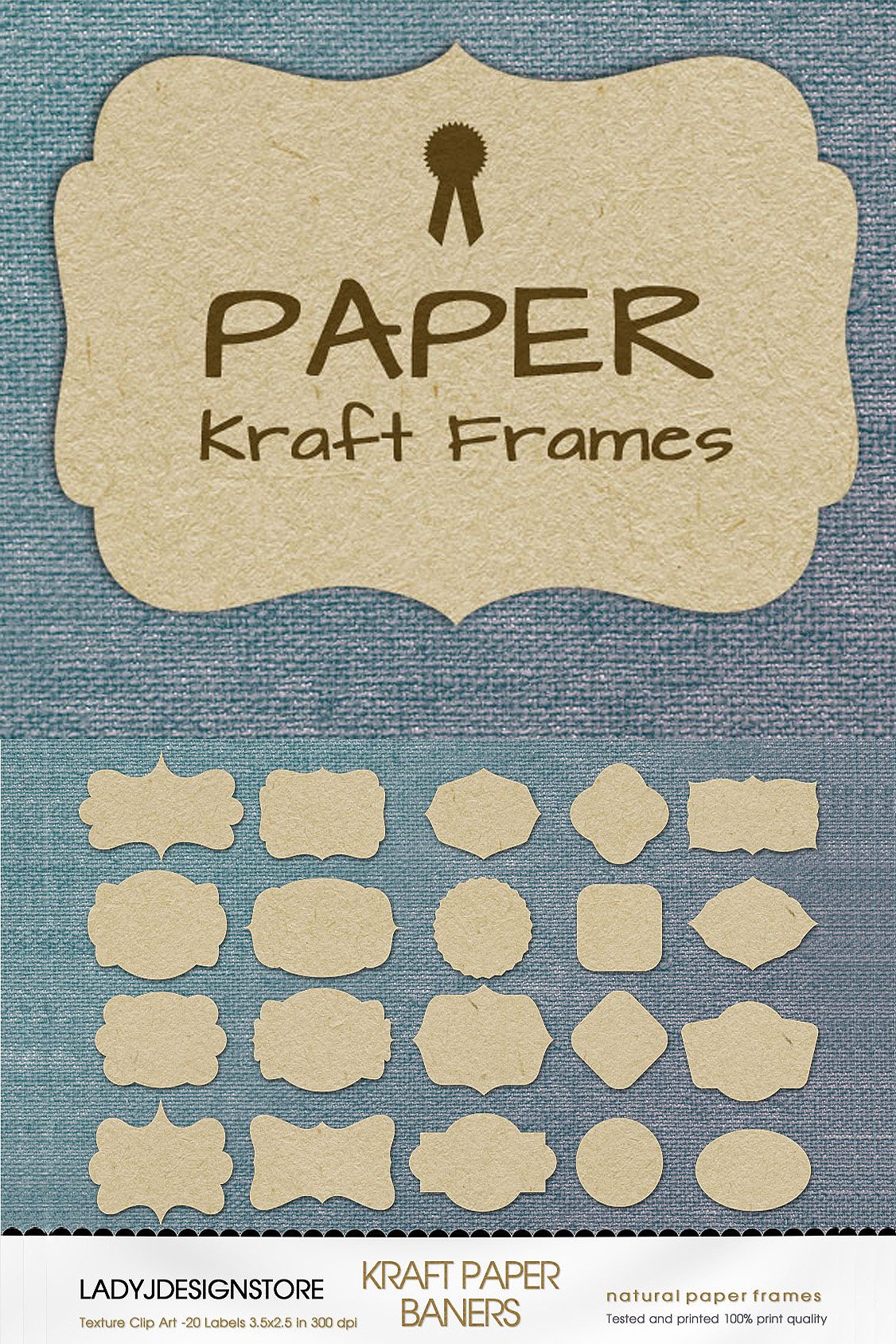 KRAFT PAPER FRAMES clipart pack 20 labels