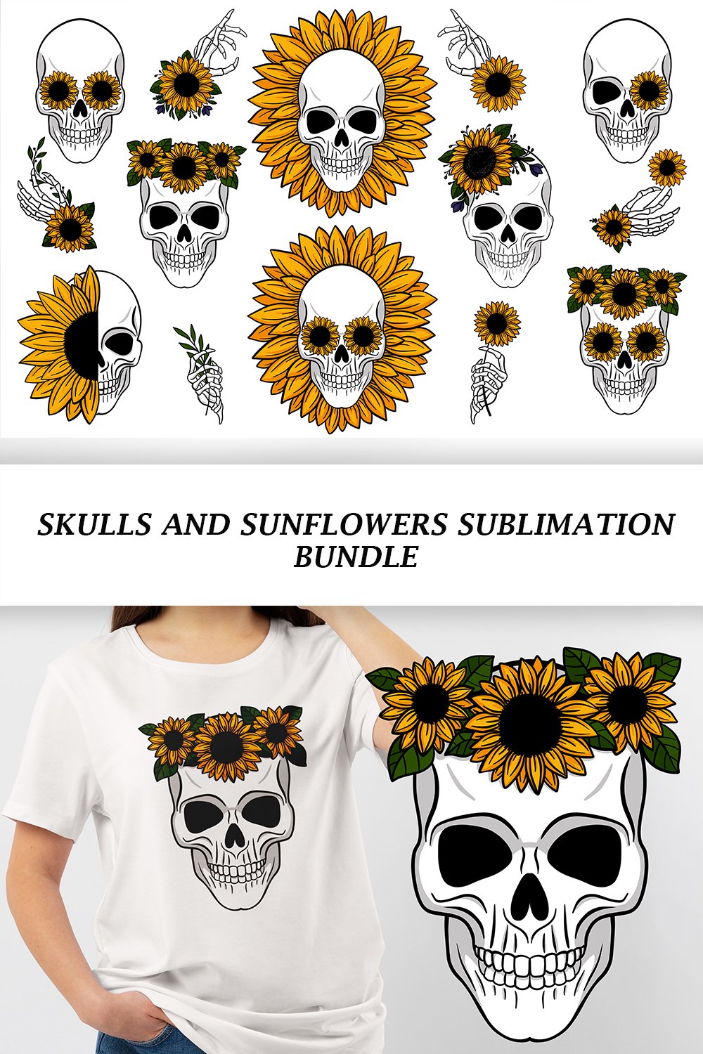Skulls and sunflowers sublimation bundle | 14 designs PNG