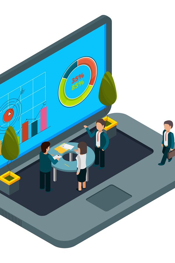 Online office. Vector isometric laptop and businesspeople. B