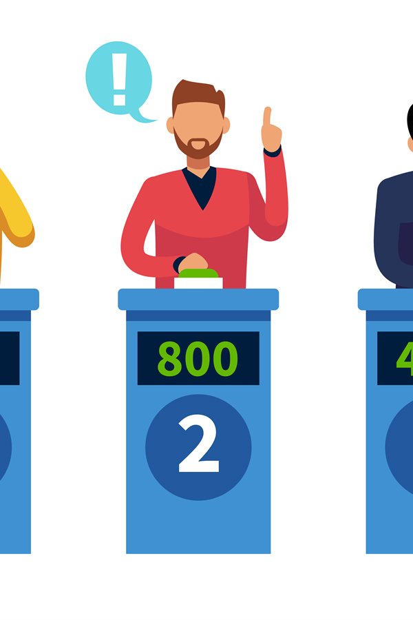Quiz show people. Tv contest answering persons with podium.