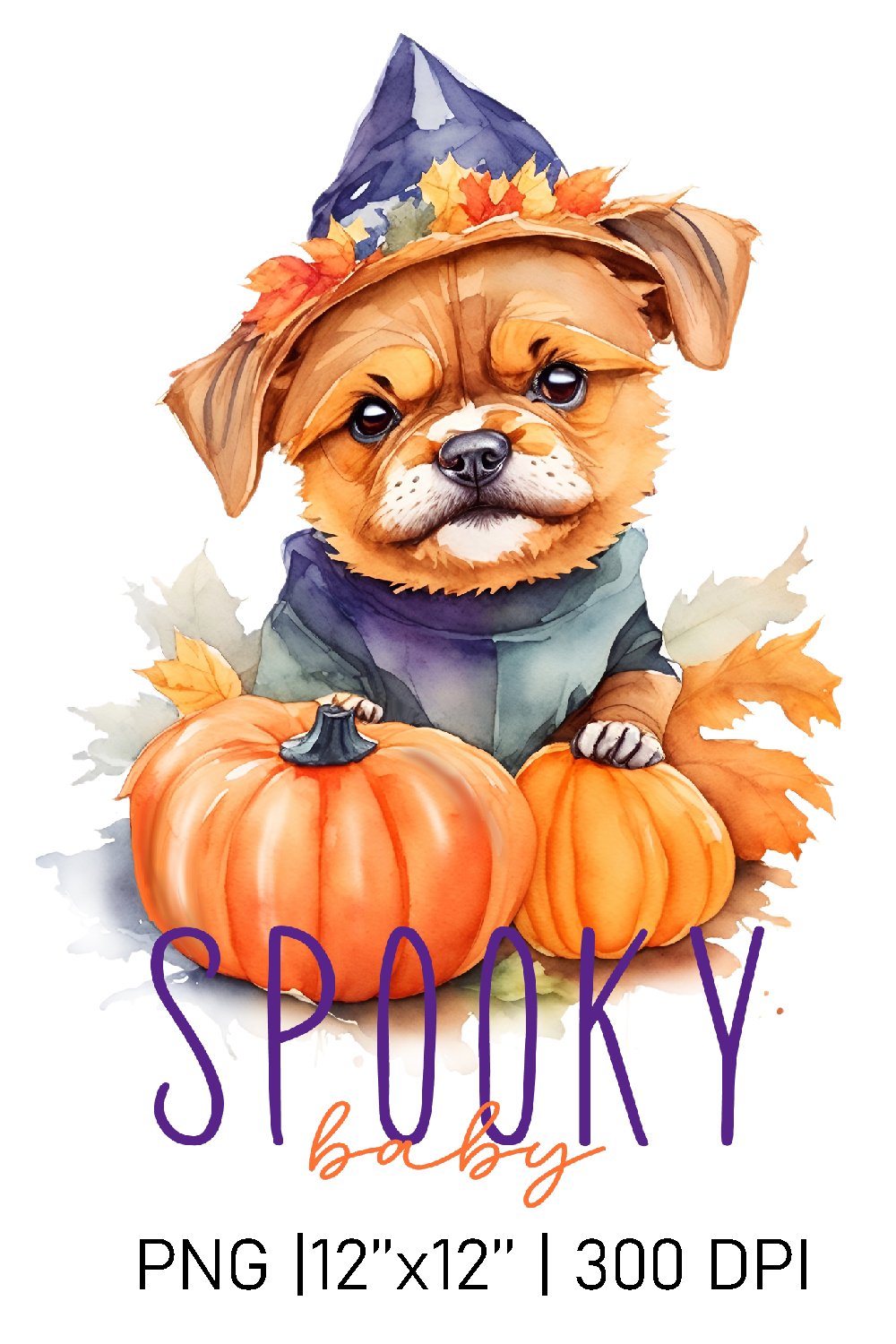 Watercolor dog with pumpkin halloween sublimation PNG