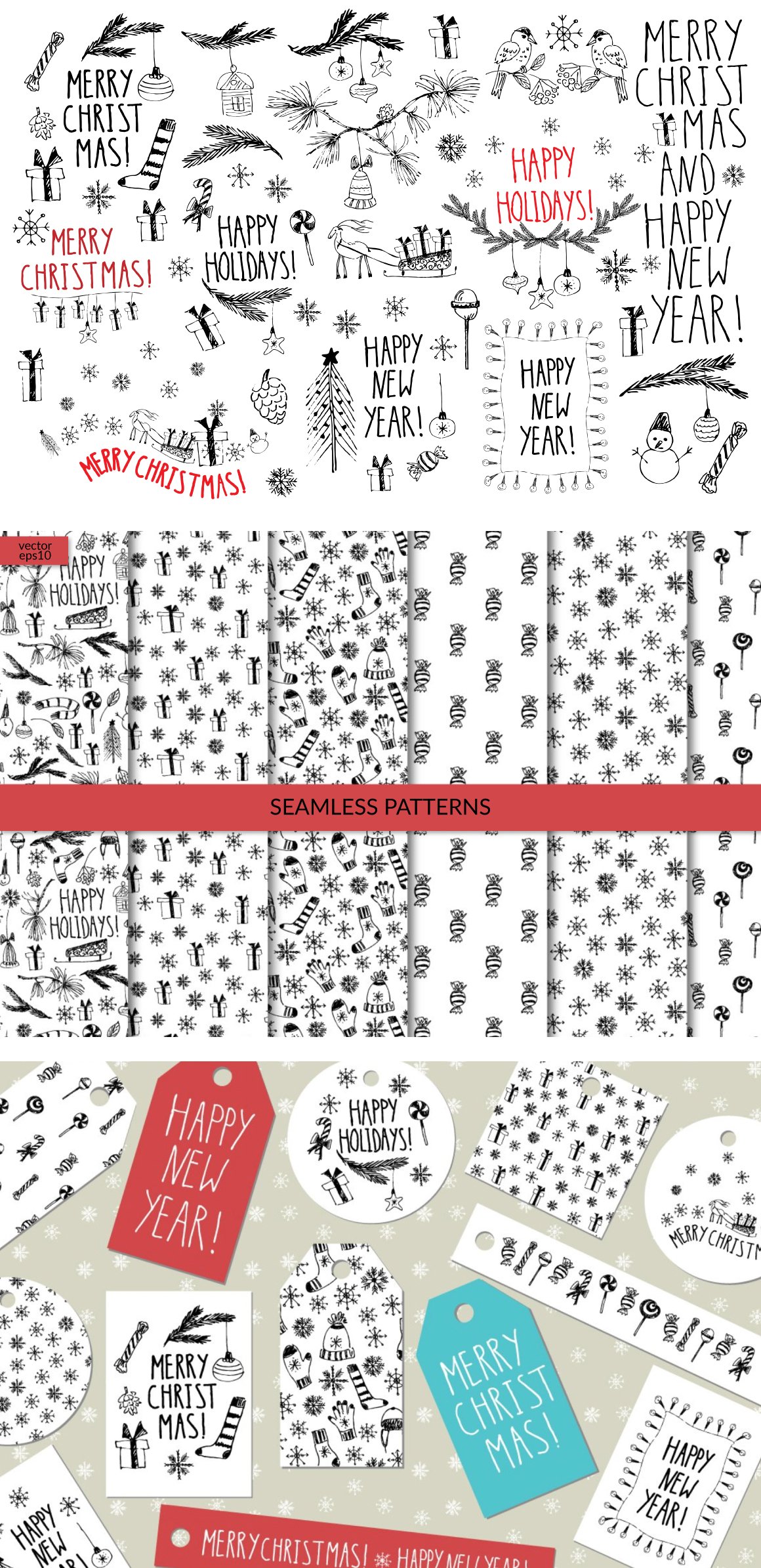 Christmas doodle set with cards, decor elements, patterns.