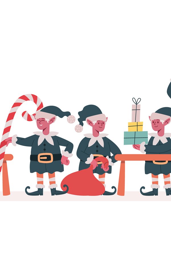 Christmas elves factory. Santa Claus and elves pack holiday