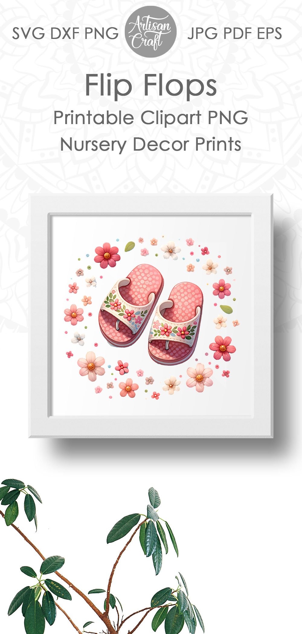 Cute pink flip flops with flowers | Nursery Art | Floral art