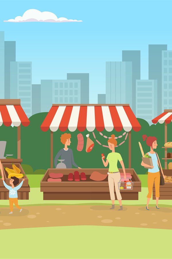 Local market. Food outdoor places in urban landscape bazaar