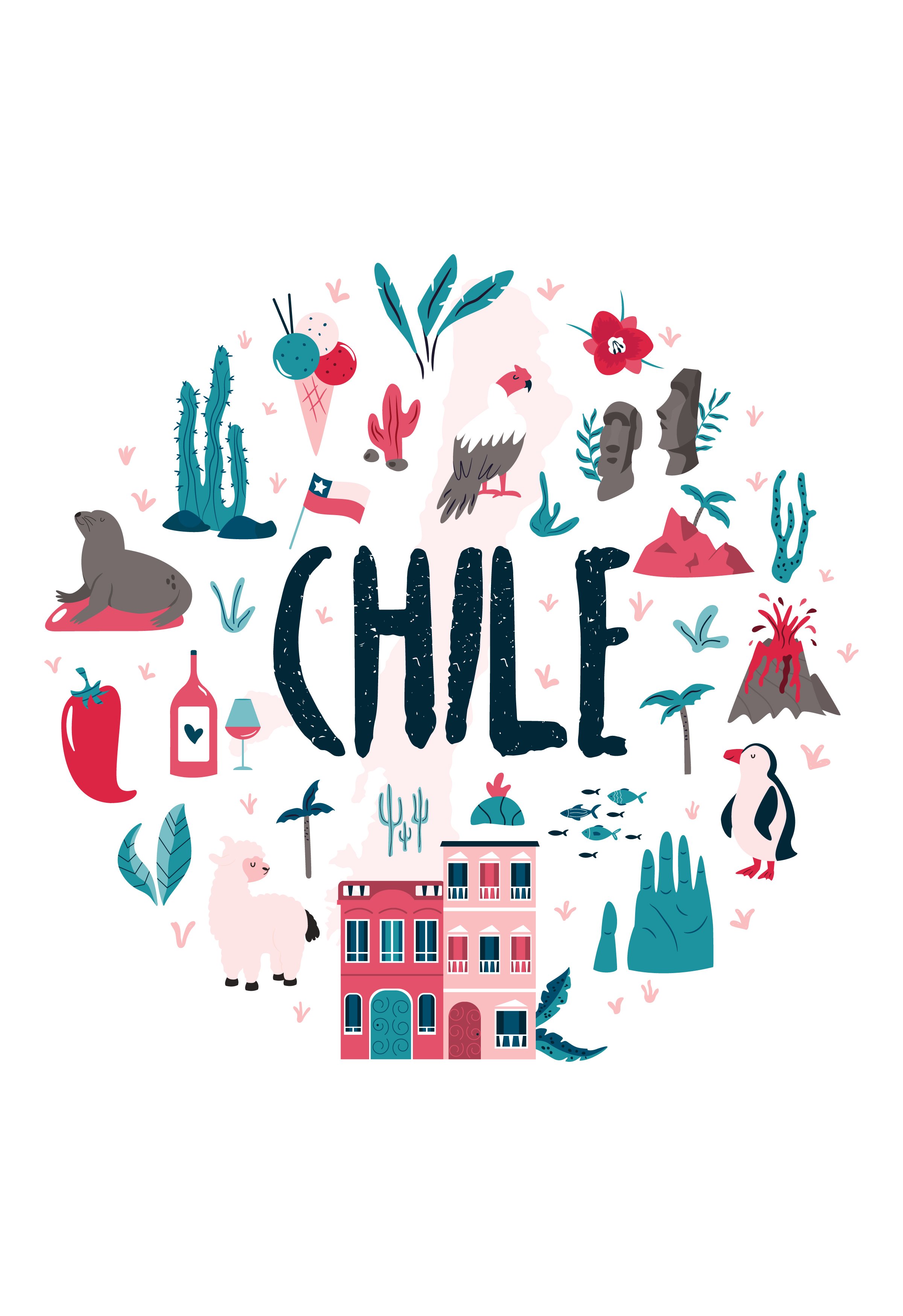 Chile Map, Postcard, Graphic Designs, Travel Posters
