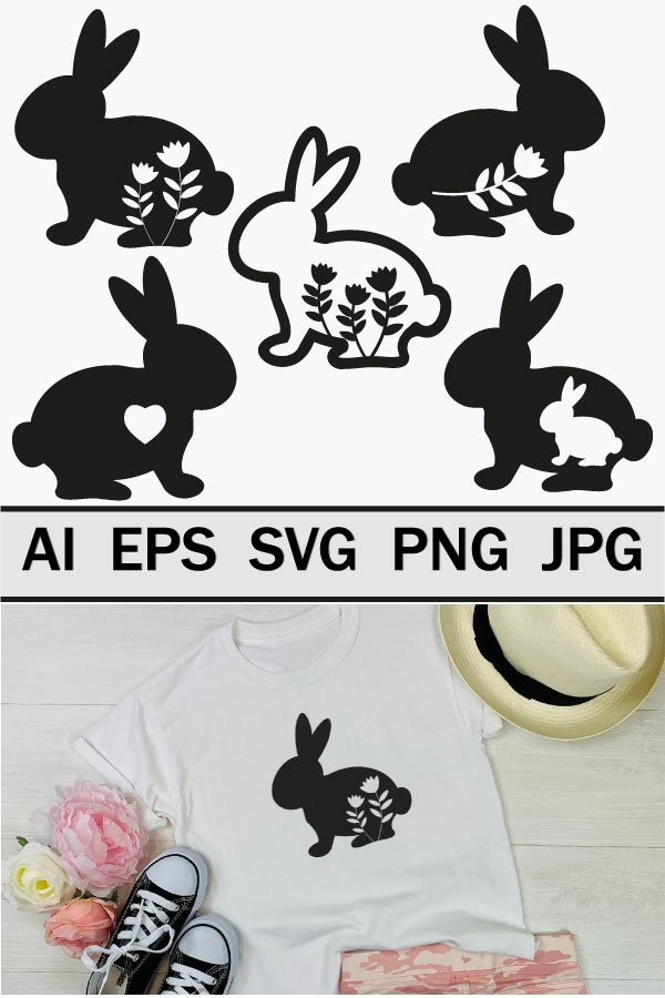Set of Easter bunnies silhouette for printing svg